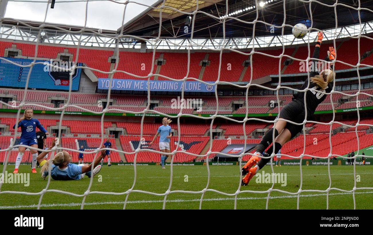 Chelsea's Erin Cuthbert, far left, scores her side's second goal past ...