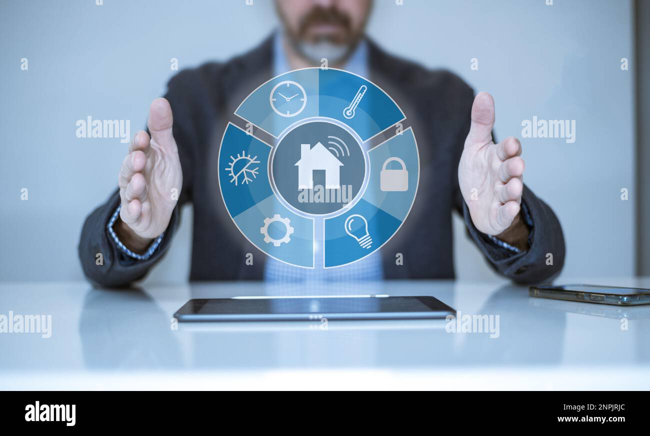 Smart home application on virtual screen. Domotic, technology ...