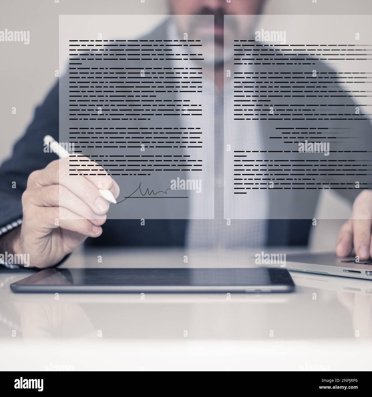 Man hand writing electronic signature on tablet virtual display. Sign contract, business ...