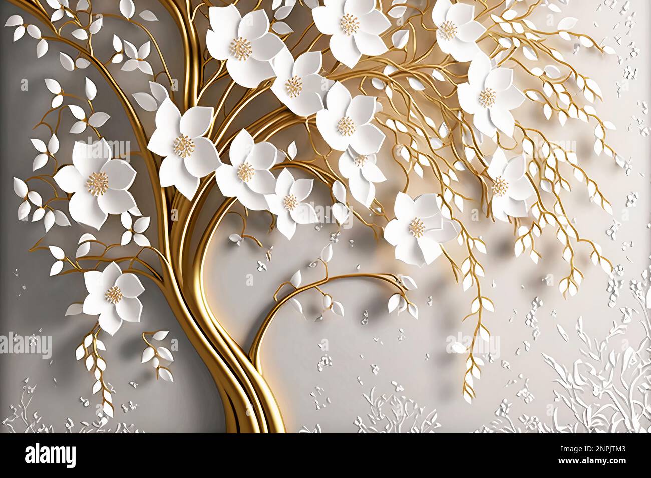 3d wallpaper abstract floral tree background with white flower leaves ...