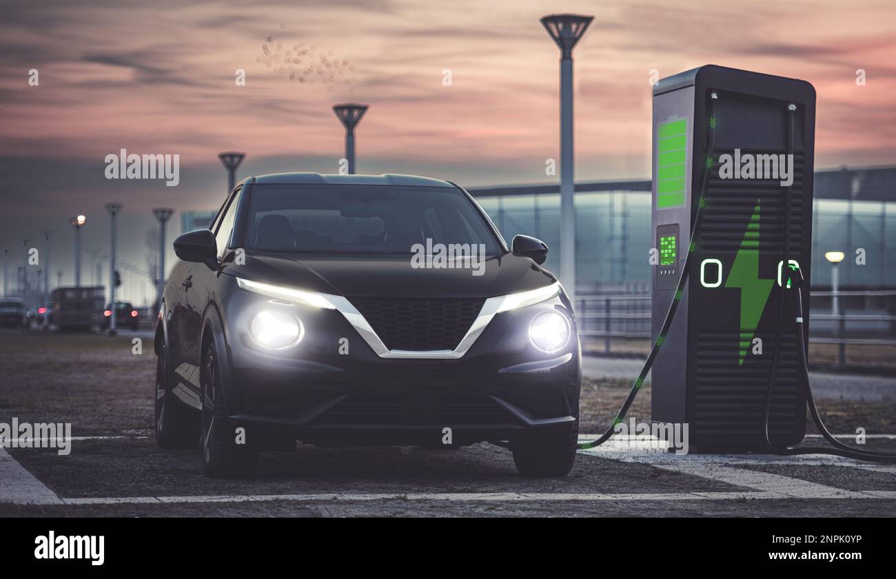 Charging hybrid EV. Charge battery of new electric vehicle. Green eco ...