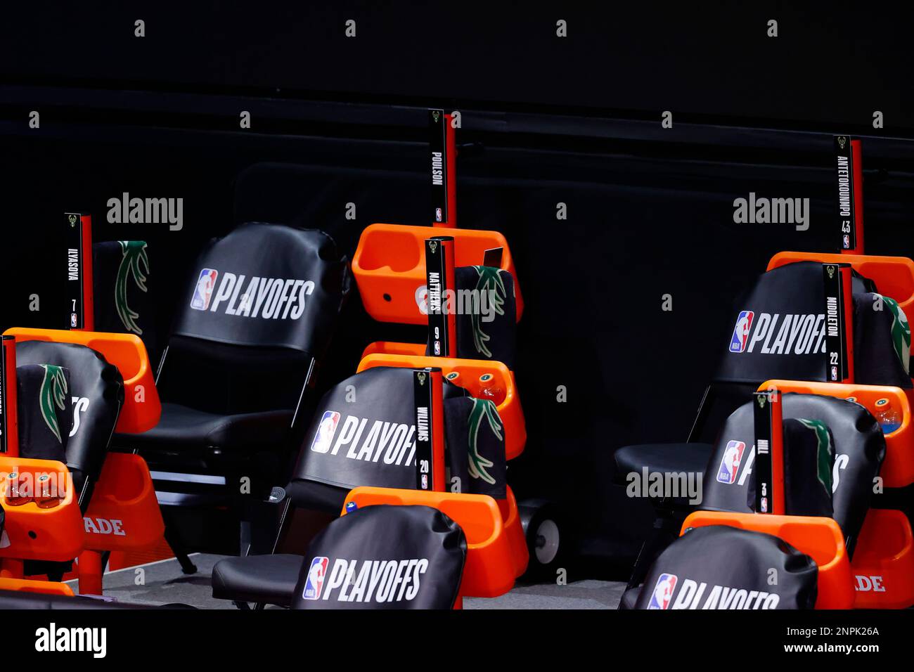The Milwaukee Bucks bench sits empty at game time of Game 5 of an NBA ...
