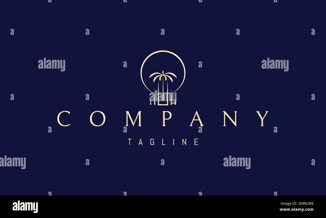 Vector golden logo on which an abstract image of a palm tree against ...