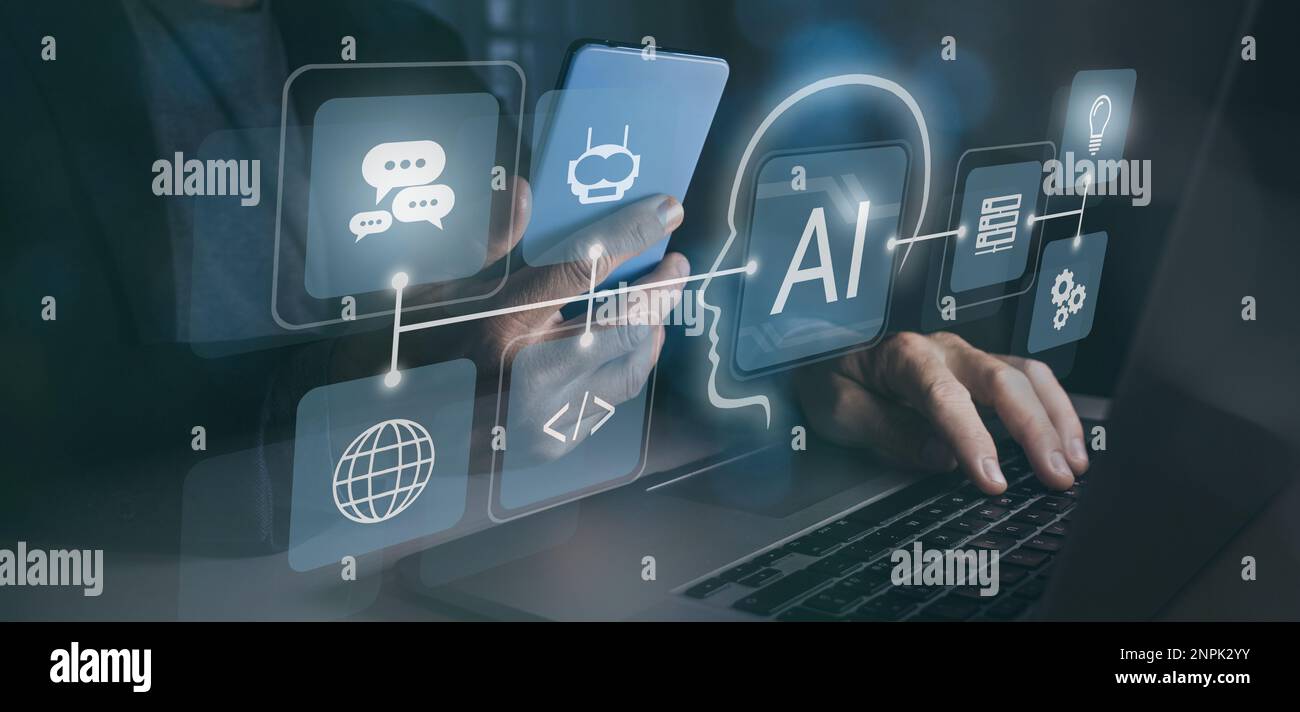 Man using virtual screen on laptop. Artificial intelligence new ...