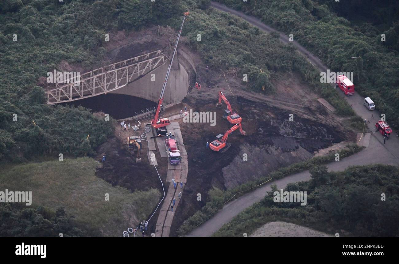 An aerial photo shows an oil tank where a constrction worker fell into ...