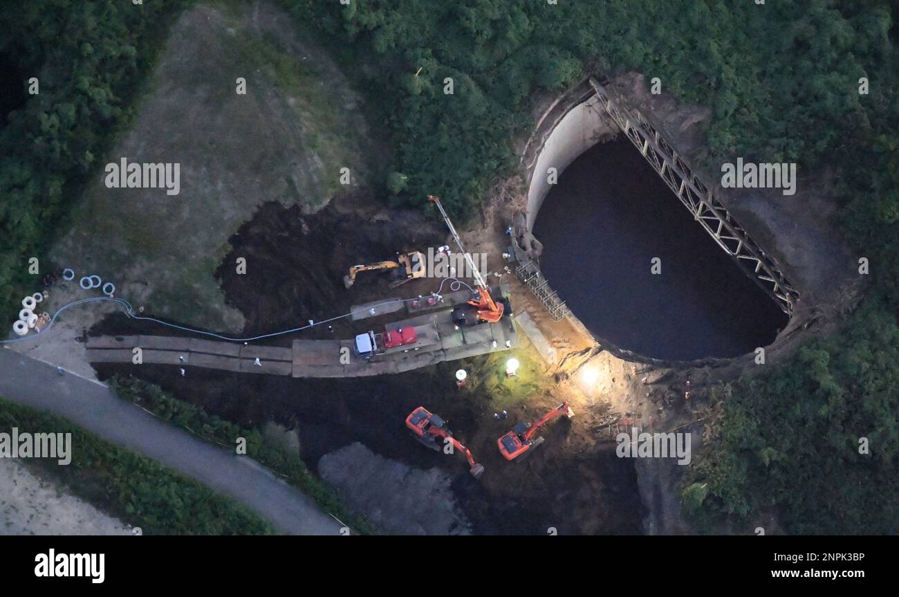 An aerial photo shows an oil tank where a constrction worker fell into ...