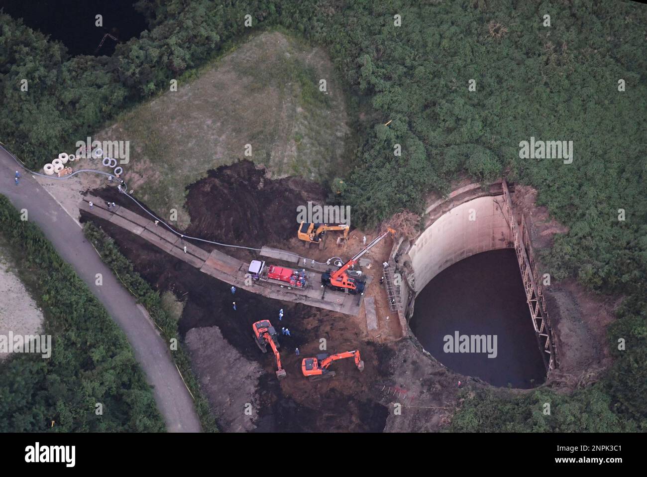 An aerial photo shows an oil tank where a constrction worker fell into ...
