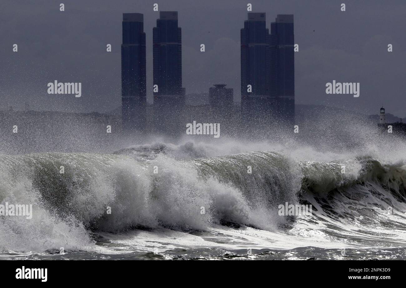 High waves crash onto Haeundae Beach in Busan, South Korea, Wednesday ...