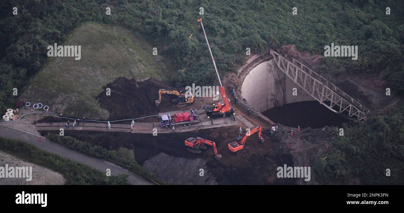 An aerial photo shows an oil tank where a constrction worker fell into ...