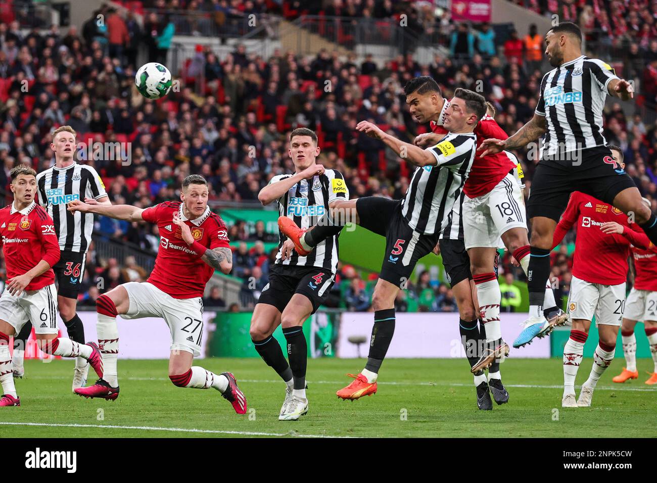 Casemiro #18 of Manchester United scores to make it 1-0 during the Carabao Cup Final match ...