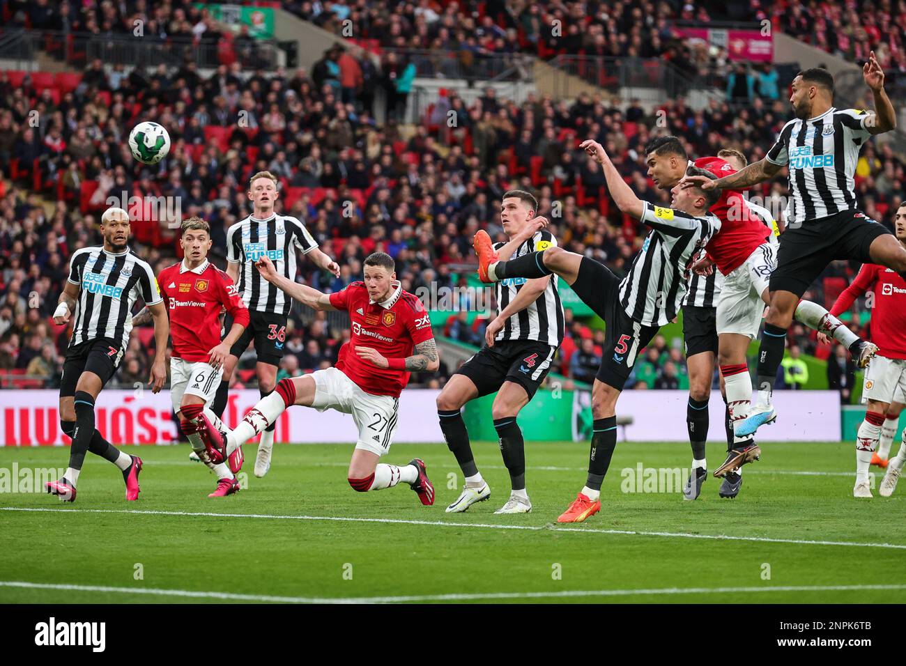 Casemiro #18 of Manchester United scores to make it 1-0 during the Carabao Cup Final match ...
