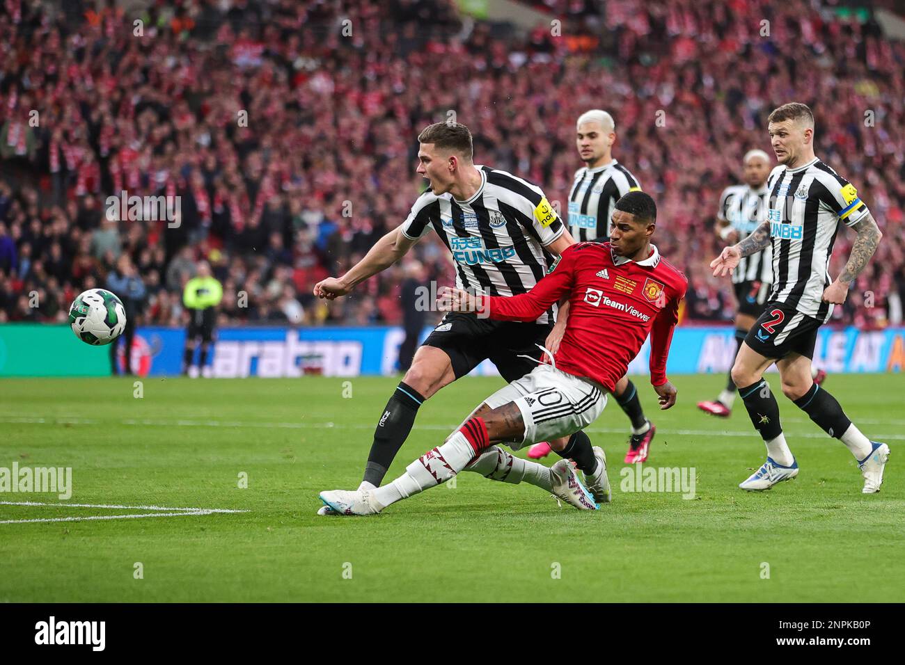 Marcus Rashford #10 of Manchester United scores to make it 2-0 during the Carabao Cup Final ...