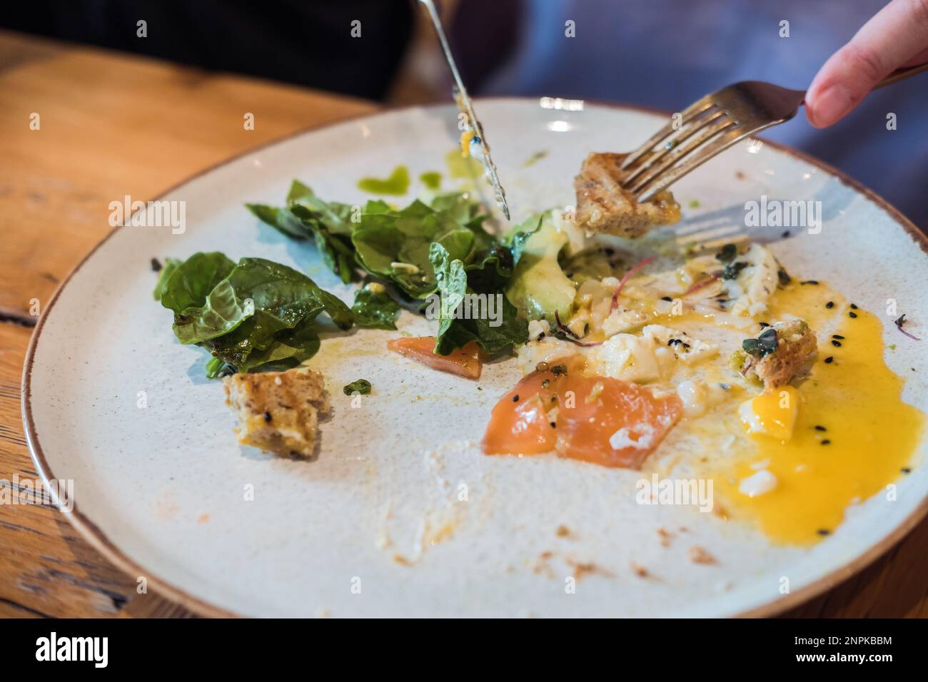 Leftovers from a hearty dinner of egg, red fish, avocado and greens in ...