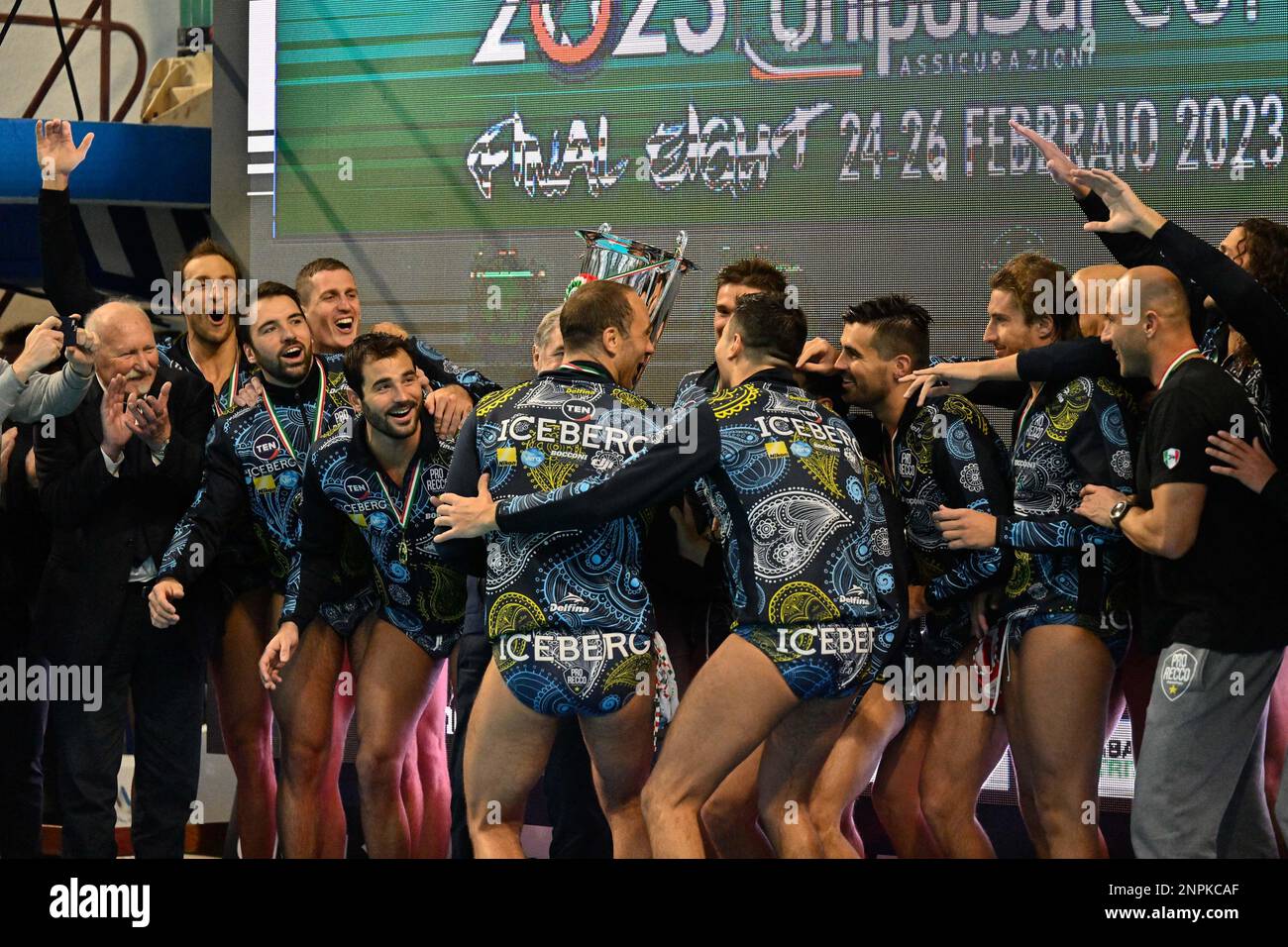 team Pro Recco celebrates after scoring a match during the Italian ...