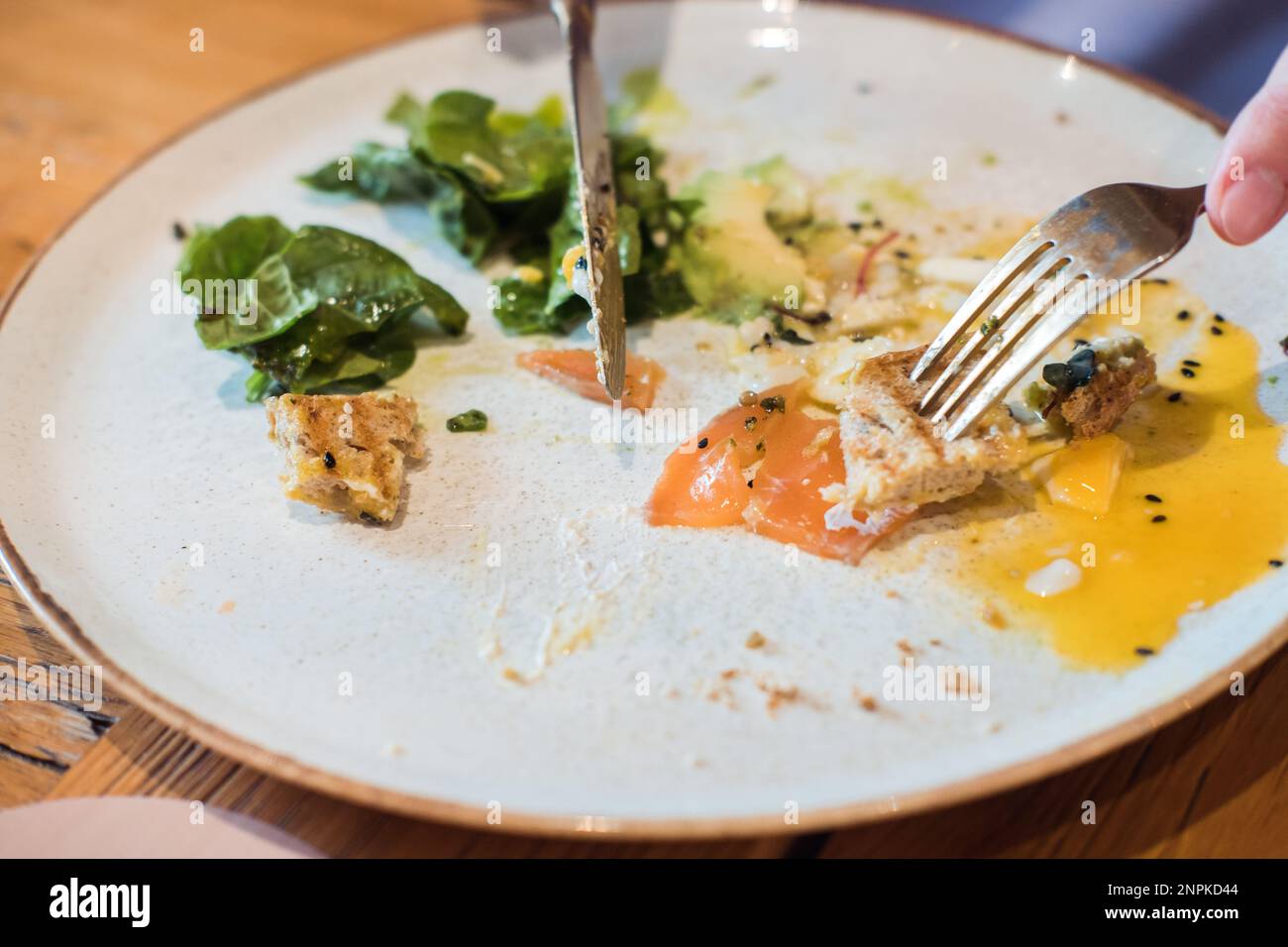 Leftovers from a hearty dinner of egg, red fish, avocado and greens in ...