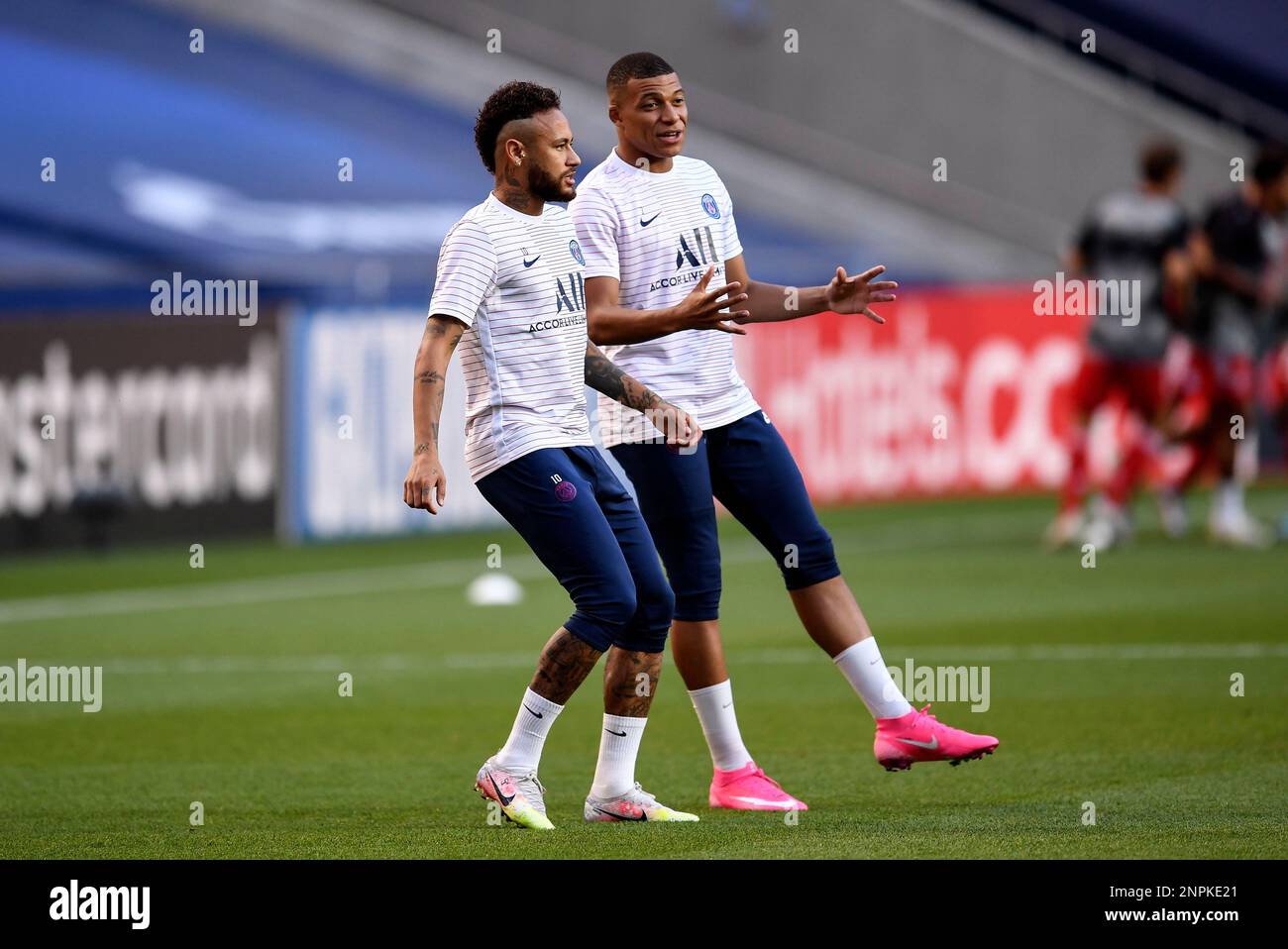 PSG's Neymar and Kylian Mbappe, from left, warm up prior the Champions ...