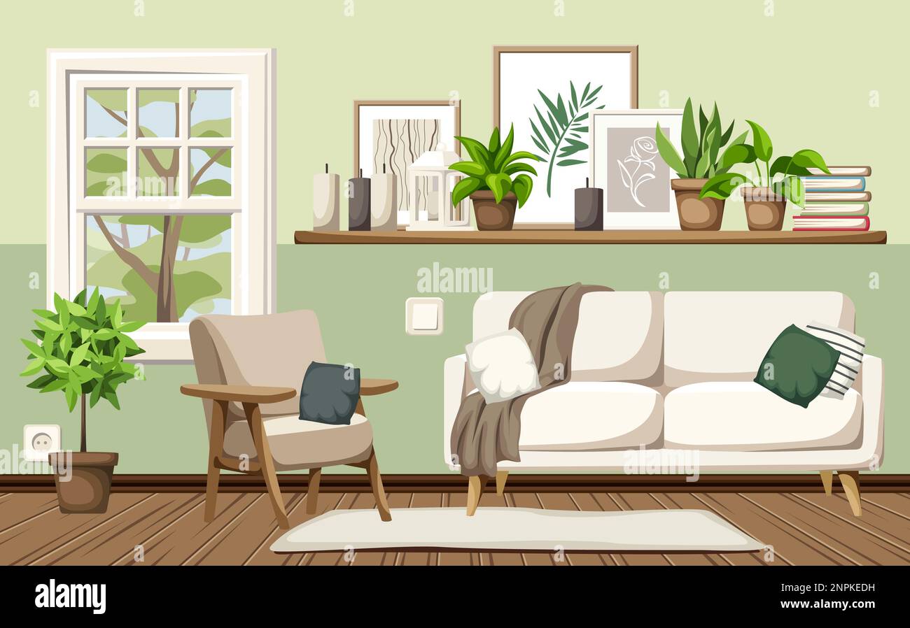 Living room interior with a sofa, an armchair, home decor, houseplants ...