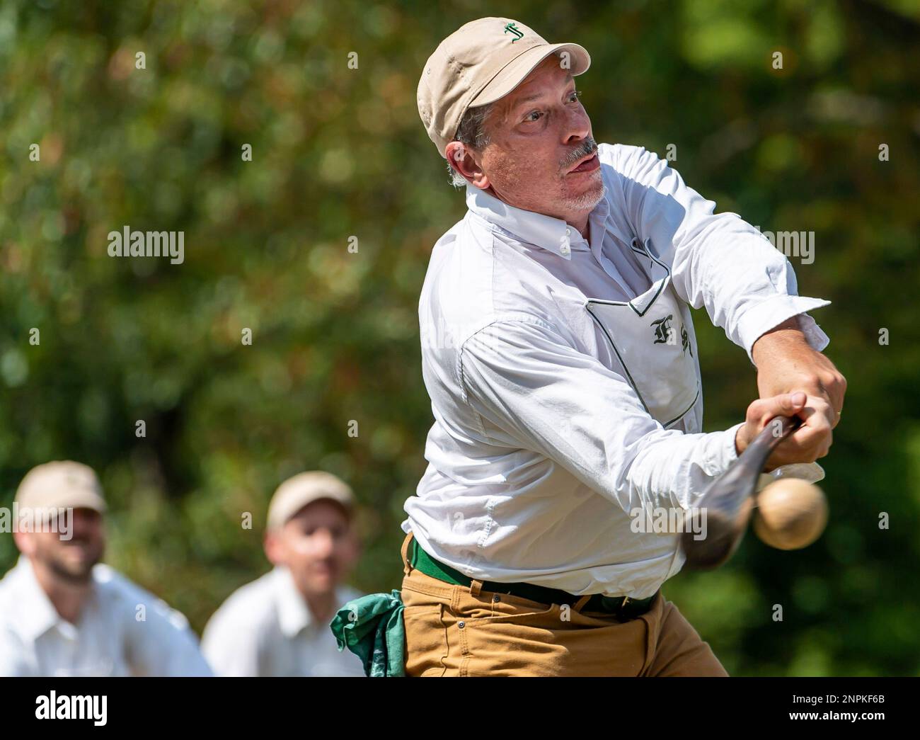 Somerset Frosty Sons of Thunder's Mike "Lash" Costea hits the ball during a vintage base ball ...