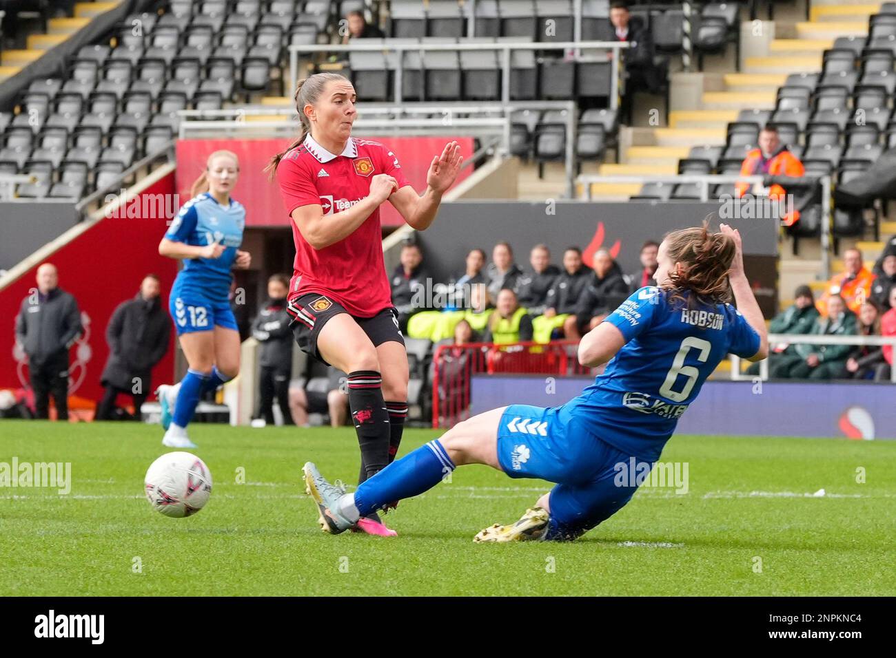 Sarah Robson #6 of Durham Women competes for the ball with Vilde Boe ...