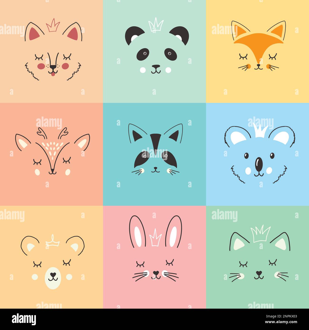 Cute Animal face. Cartoon animals collection, dog, panda, fox, deer ...