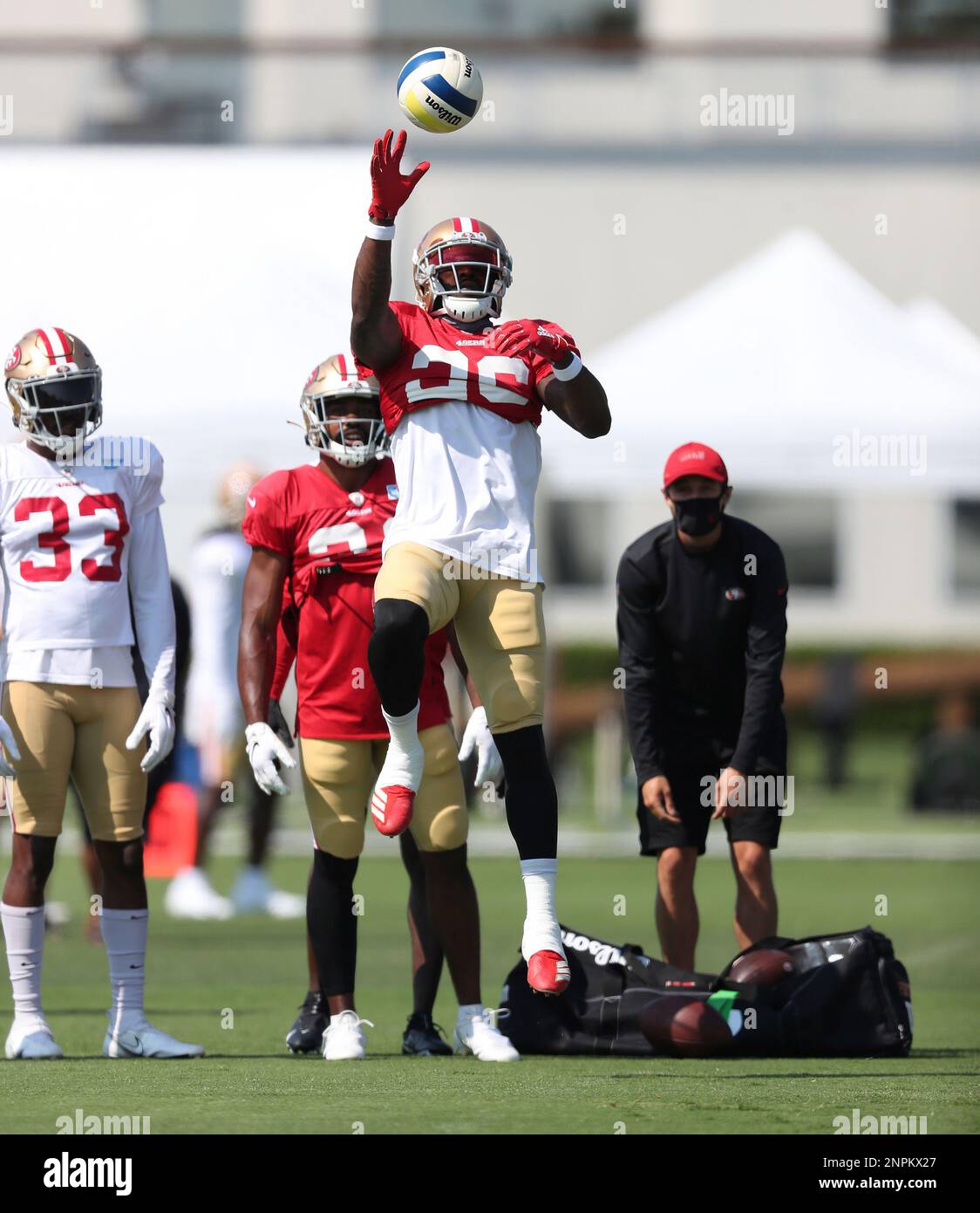 San Francisco 49ers running back Tevin Coleman (26) takes part in a ...