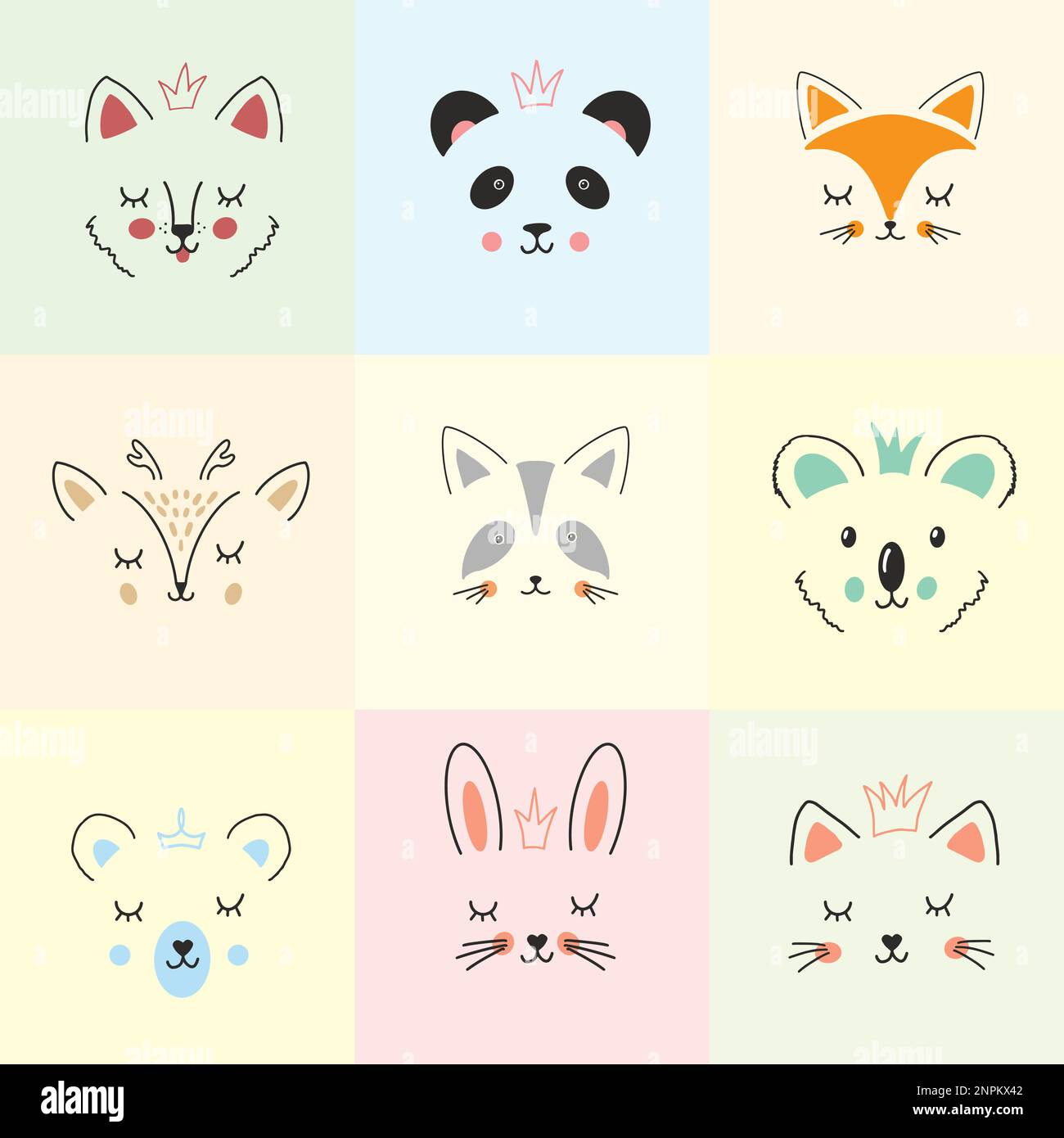 Cute Animal face. Cartoon animals collection, dog, panda, fox, deer ...