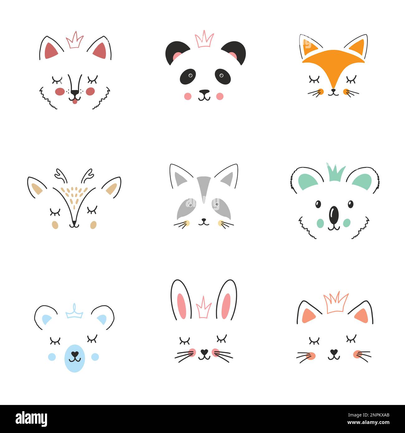 Cute Animal face. Cartoon animals collection, dog, panda, fox, deer ...