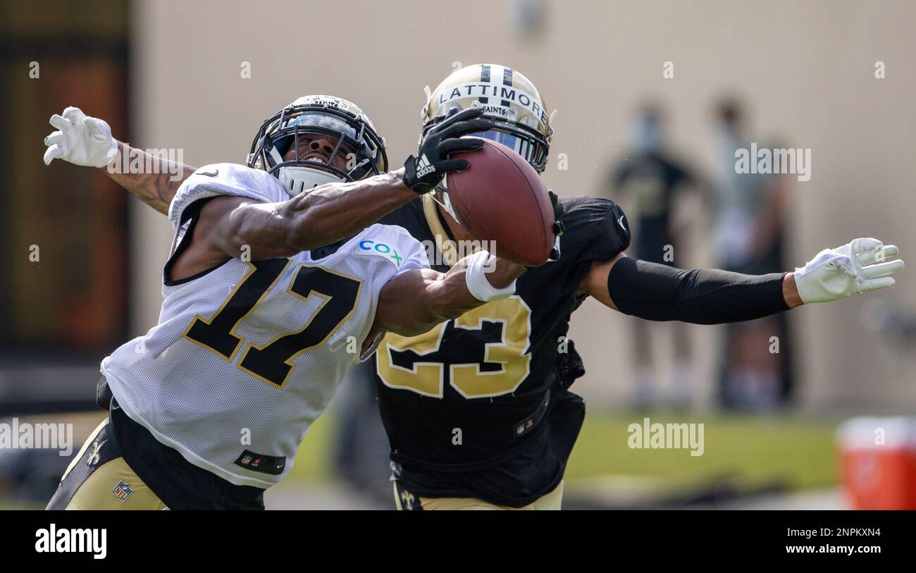 New Orleans Saints cornerback Marshon Lattimore (23) defends against wide receiver Emmanuel ...