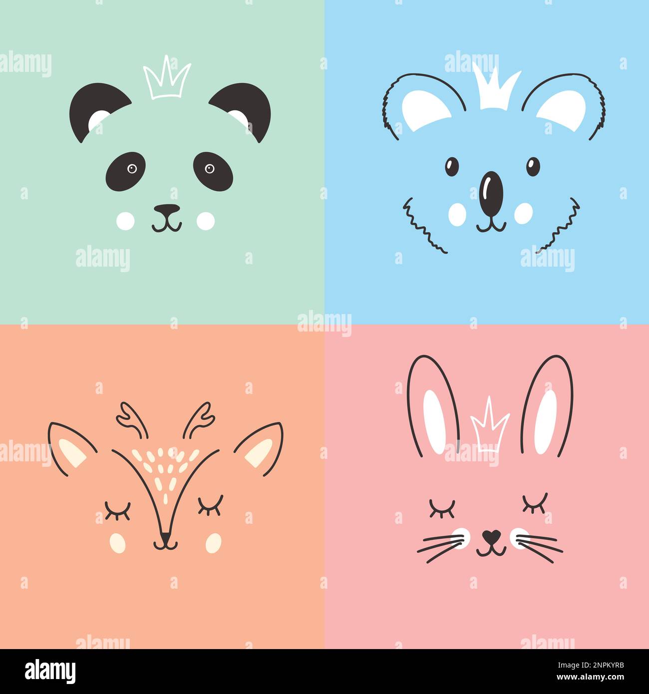 Cute Animal face. Cartoon animals collection, panda, deer, koala and ...