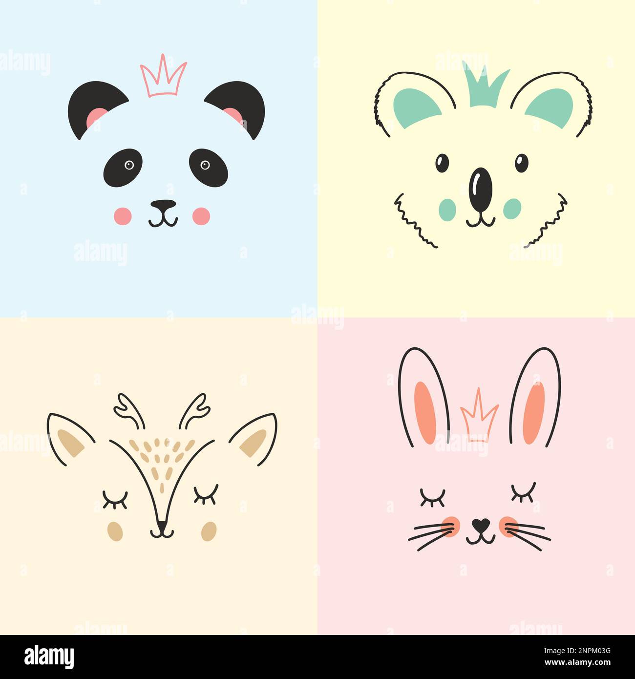 Cute Animal face. Cartoon animals collection, panda, deer, koala and ...