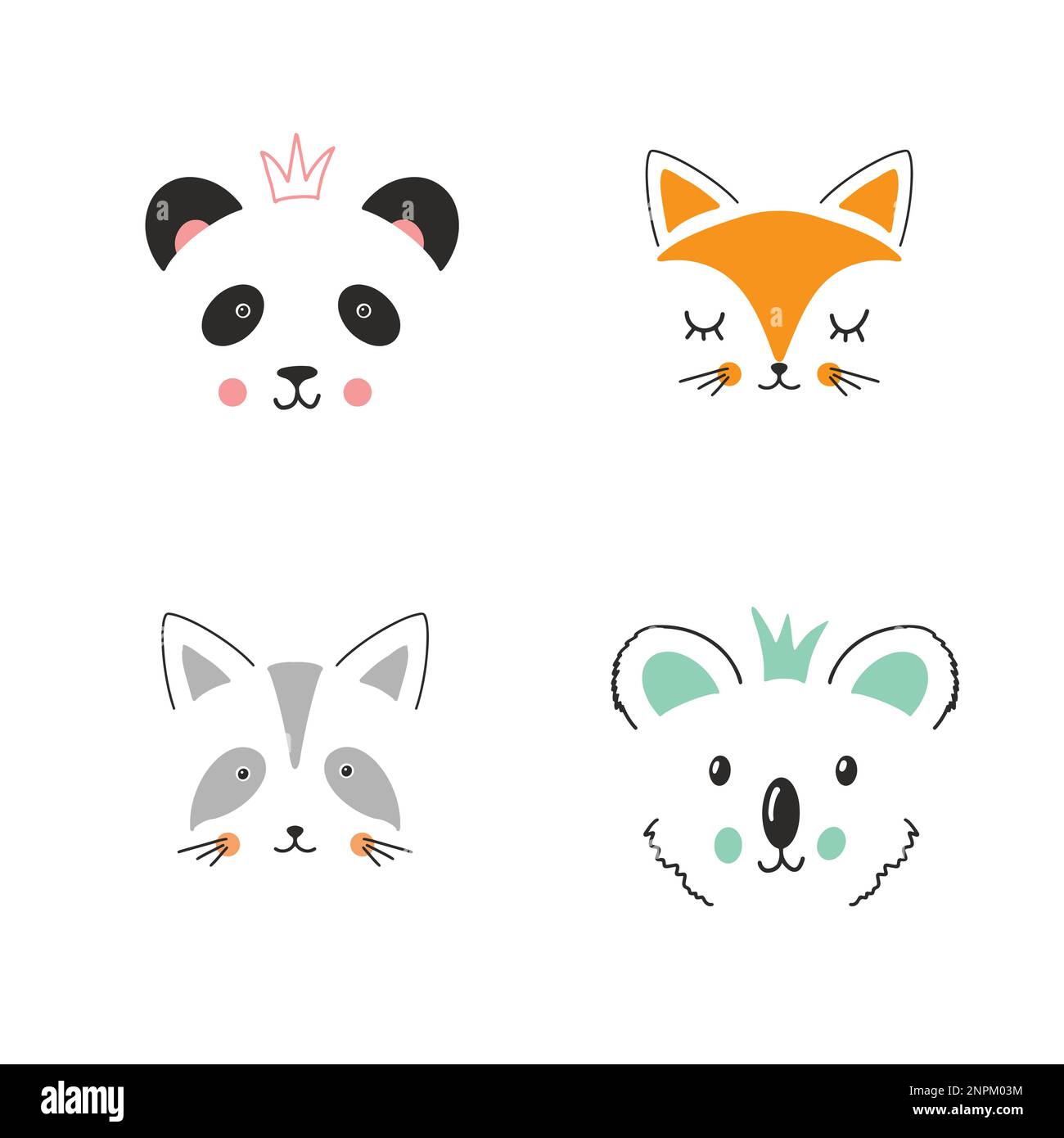 Cute Animal face. Cartoon animals collection, panda, fox, raccoon and ...