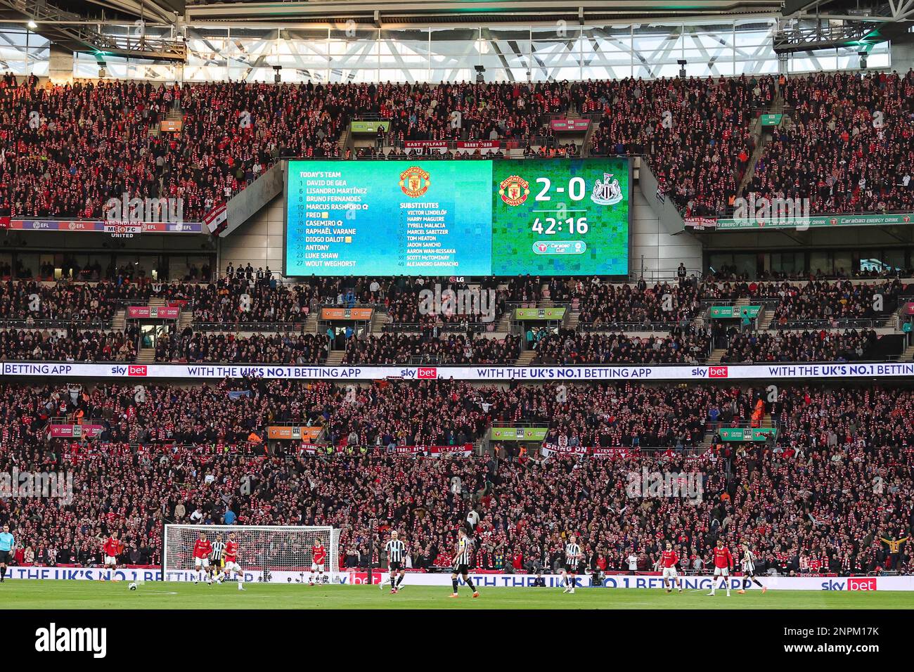 Scoreboard showing Manchester United 2-0 during the Carabao Cup Final ...