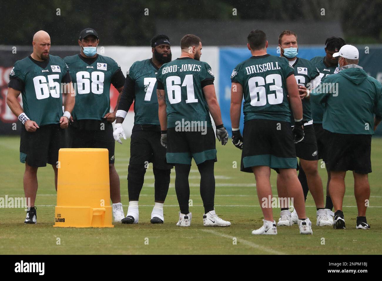 The Philadelphia Eagles offensive line gets instructions during an NFL ...