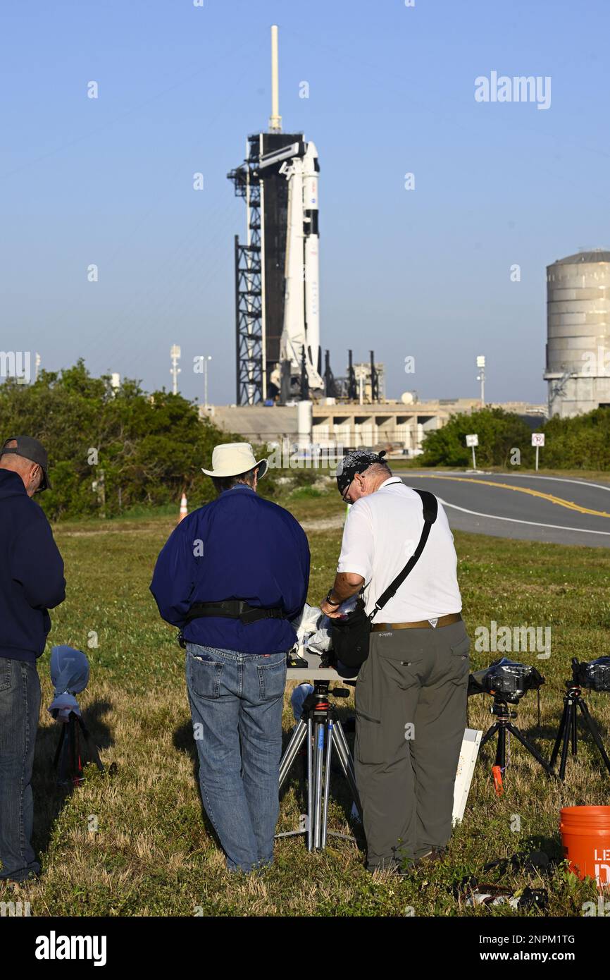 Media photographers set remotely activated cameras as a SpaceX Falcon 9 ...