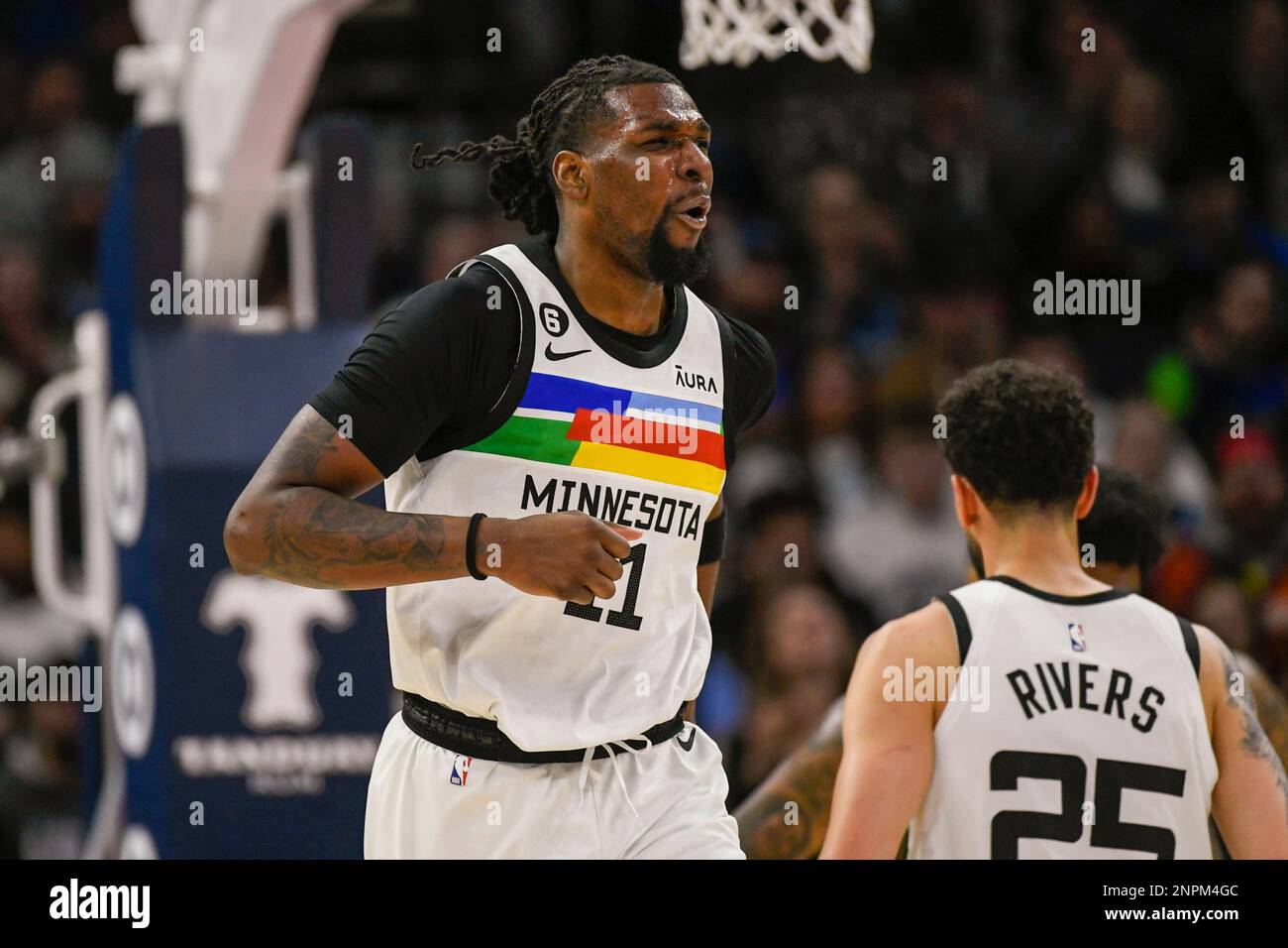 Minnesota Timberwolves center Naz Reid in reacts after making a basket ...