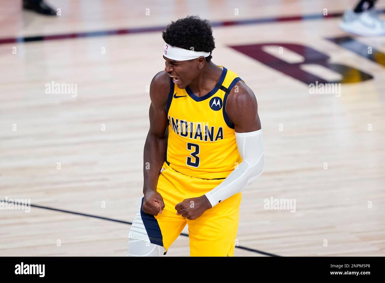 Indiana Pacers guard Aaron Holiday (3) reactors to a play during the ...