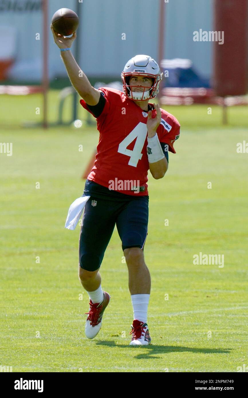New England Patriots quarterback Jarrett Stidham throws the ball during ...