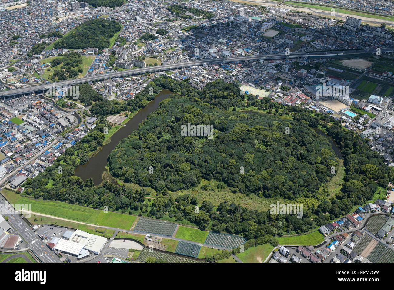 An aerial photo shows Kondagobyoyama Kofun (Nintoku Tenno Ryo) that is ...