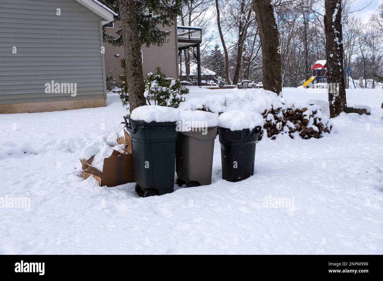 trash cans and woodpile covered with snow in winter Stock Photo - Alamy