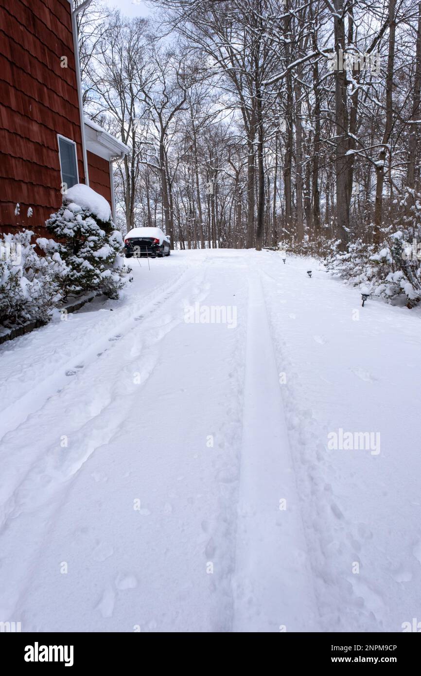 driveway covered with snow during the snow storm Stock Photo - Alamy