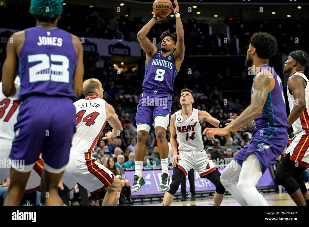 Charlotte Hornets guard Dennis Smith Jr. (8) shoots the ball over Miami ...