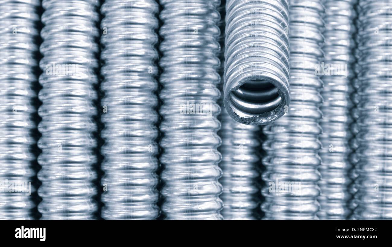 Stainless steel flexible pipes, close-up mackro. Industrial metal ...