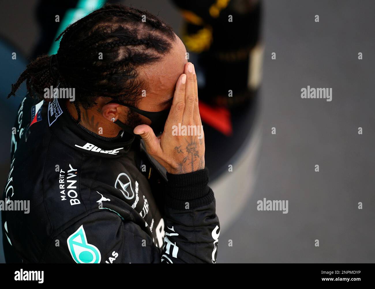 Race winner, Mercedes driver Lewis Hamilton of Britain gestures at the ...