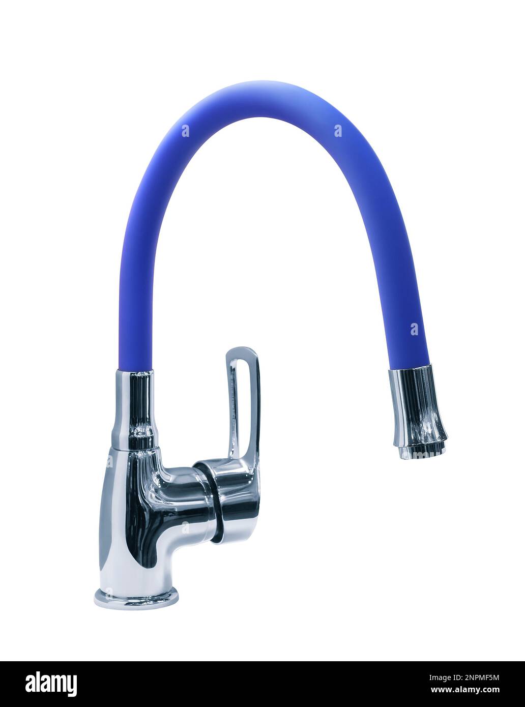 Stainless steel faucet with blue spout isolated on white background ...