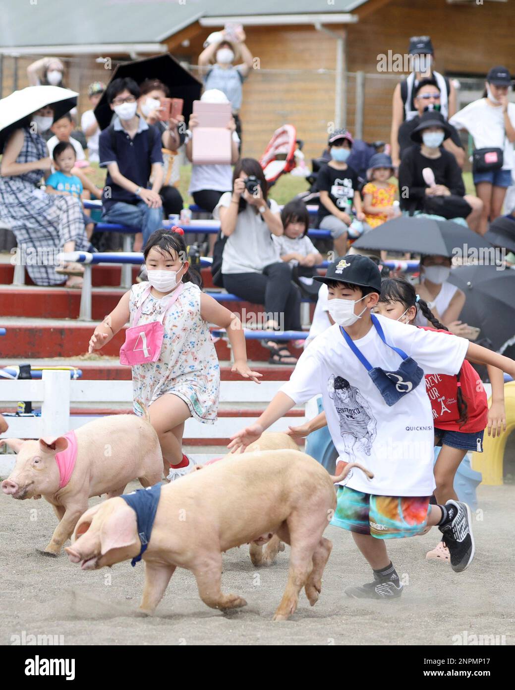 Children wearing masks attend a piglet race at Mother Farm in Futtsu ...