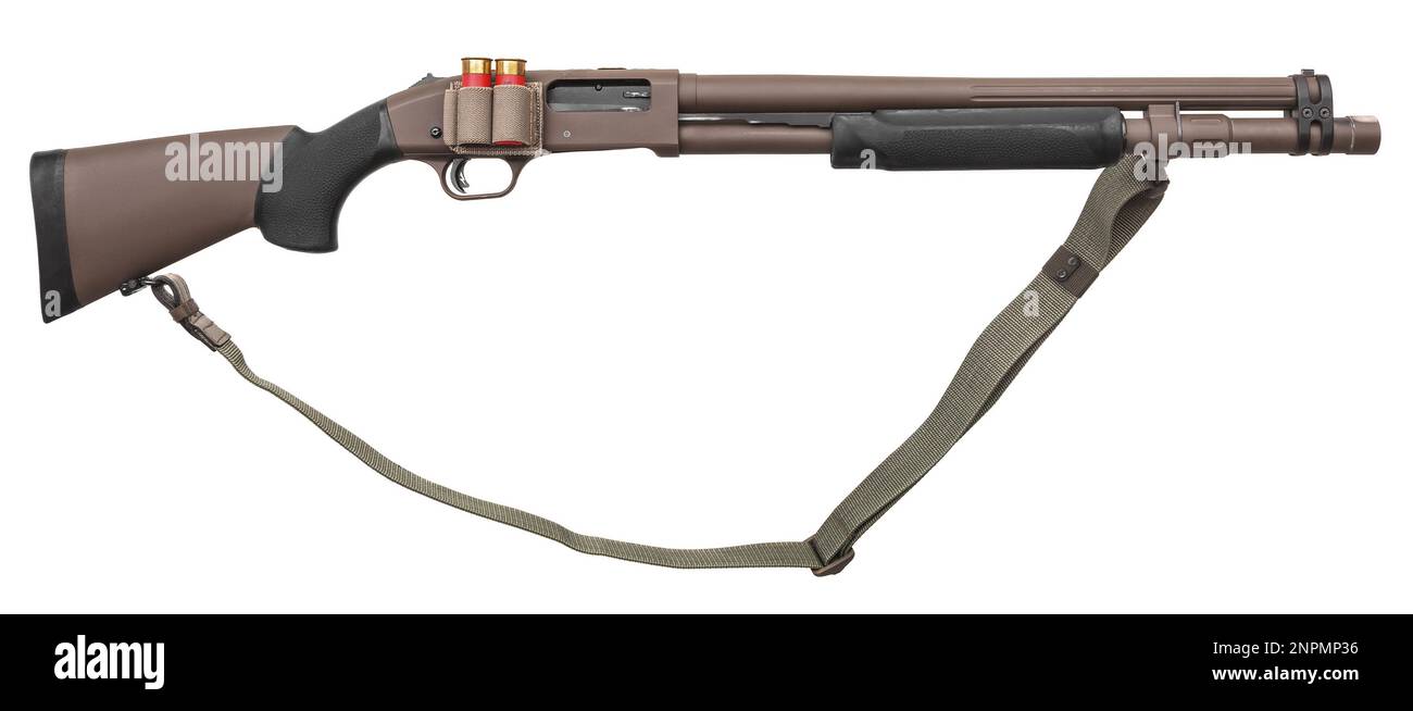 Pump-action 12 gauge shotgun isolated on a white background. Close-up ...