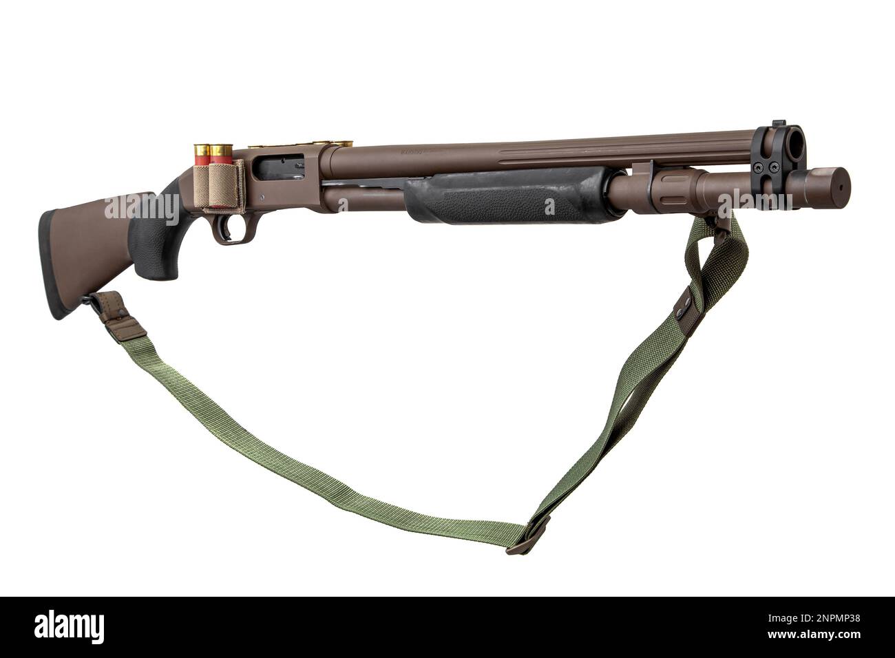 Pump-action 12 gauge shotgun isolated on a white background. Close-up ...