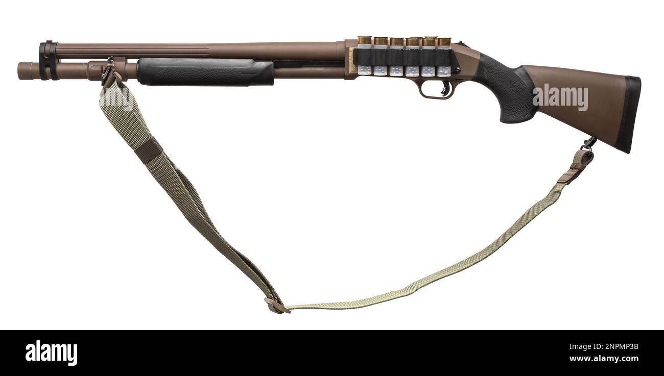 Pump-action 12 gauge shotgun isolated on a white background. Close-up ...