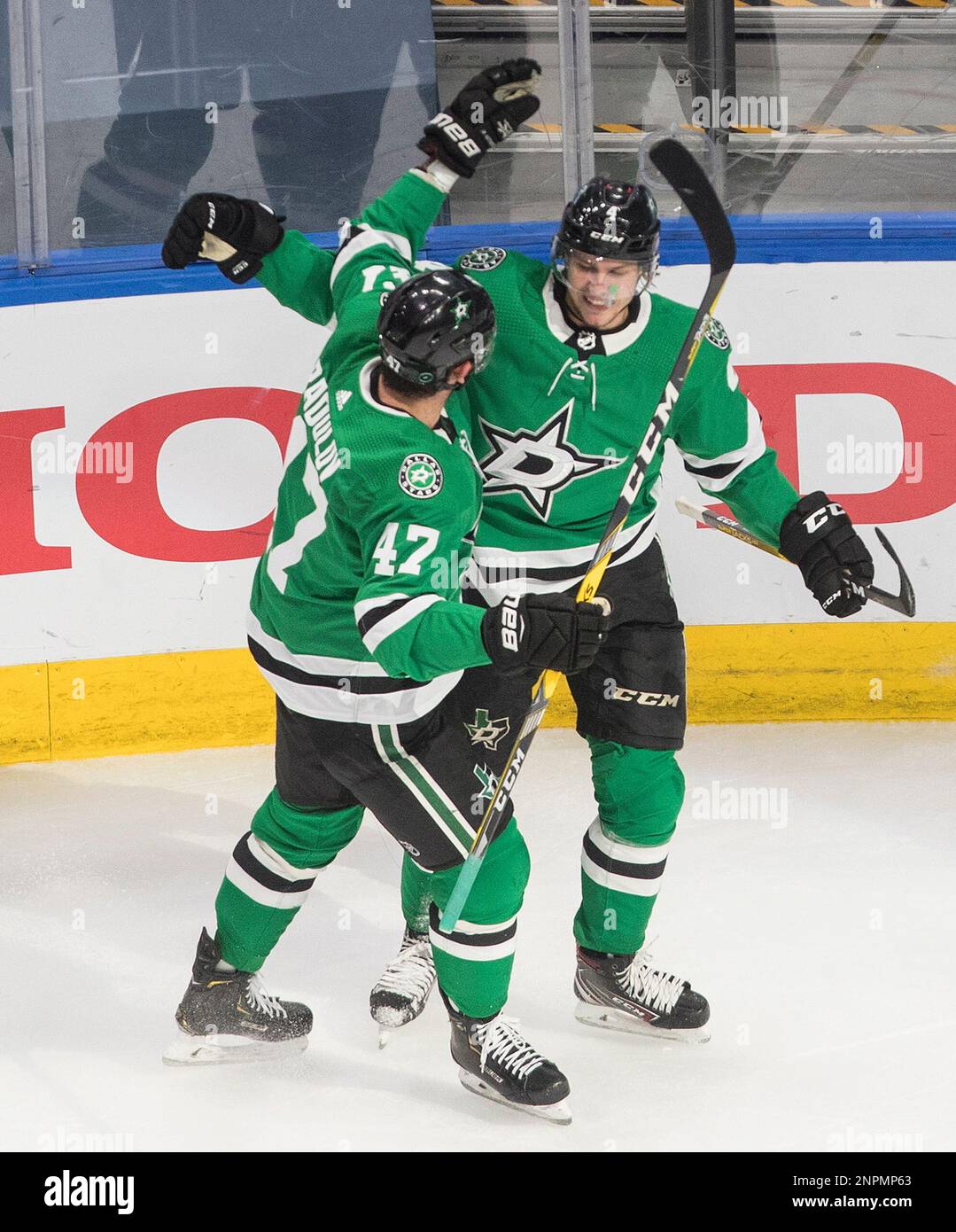 Dallas Stars' Alexander Radulov (47) and Miro Heiskanen (4) celebrate a ...