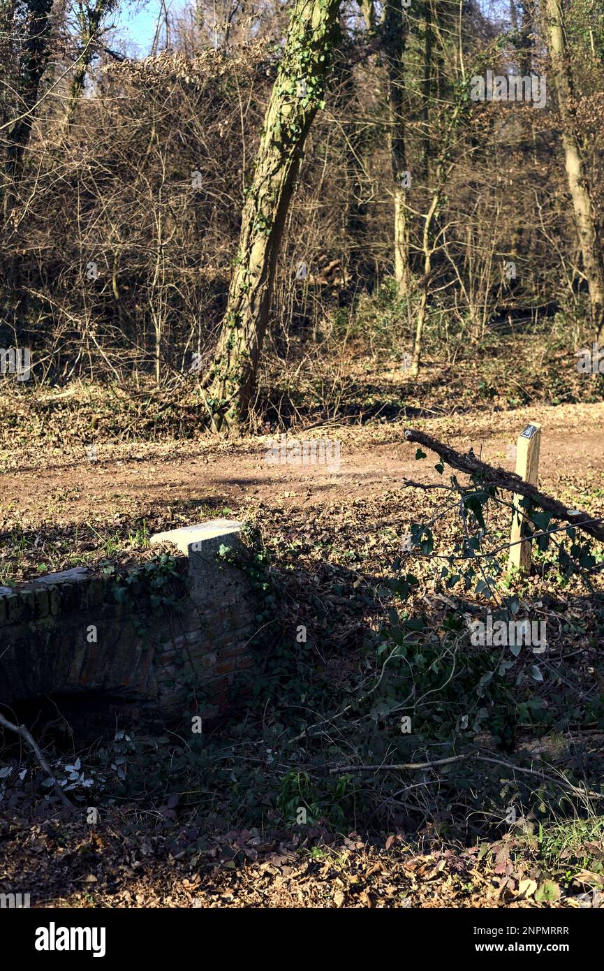Crossing between trail in a park over an old brick footbridge next to a ...